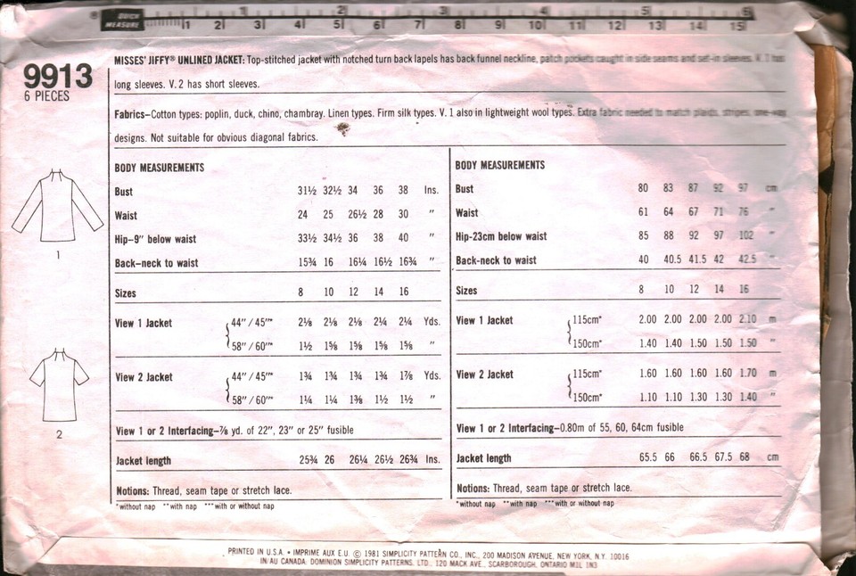 9913 Vintage Simplicity SEWING Pattern Misses Jiffy Unlined Jacket Top ...