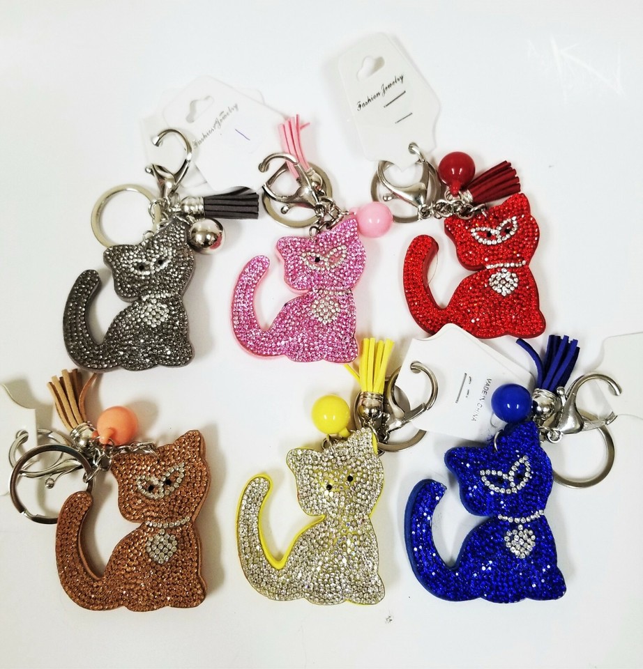 NEW SILVER TONE,CRYSTALS GLITZ,TASSEL,FOB,KEY CHAIN, RING,CHARM CAT ...