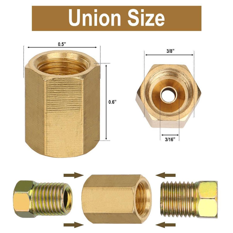 12Pcs Straight Brass Brake Line Inverted Compression Fitting Unions 3/ ...