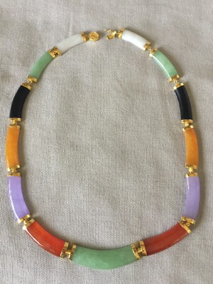 Multi-Color Jade Necklace 18" Long 14K Yellow Gold | eBay