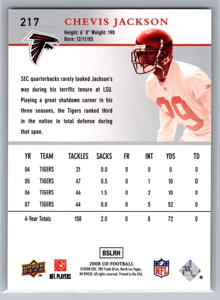 2008 UPPER DECK STAR ROOKIE CARD # 217 Chevis Jackson - Atlanta Falcons ...