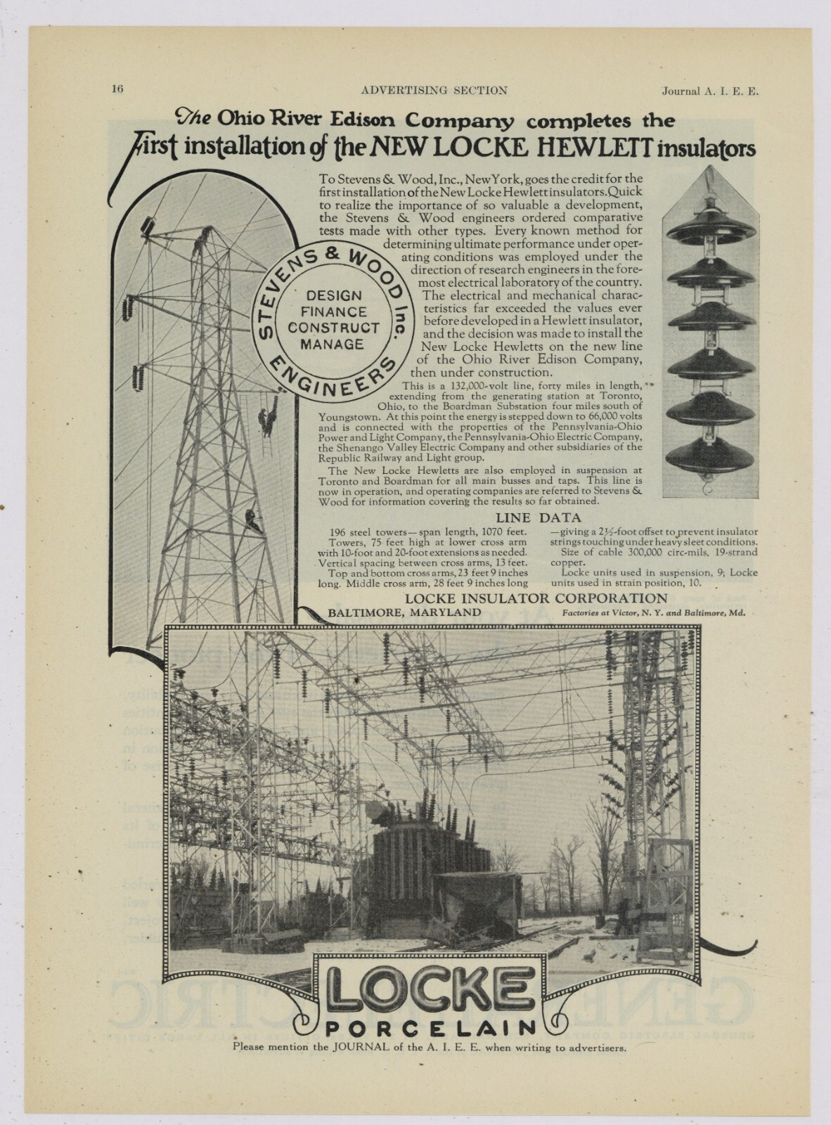 1925 Locke Porcelain Ad: OhiO River Edison Co. Toronto OhiO Substation ...