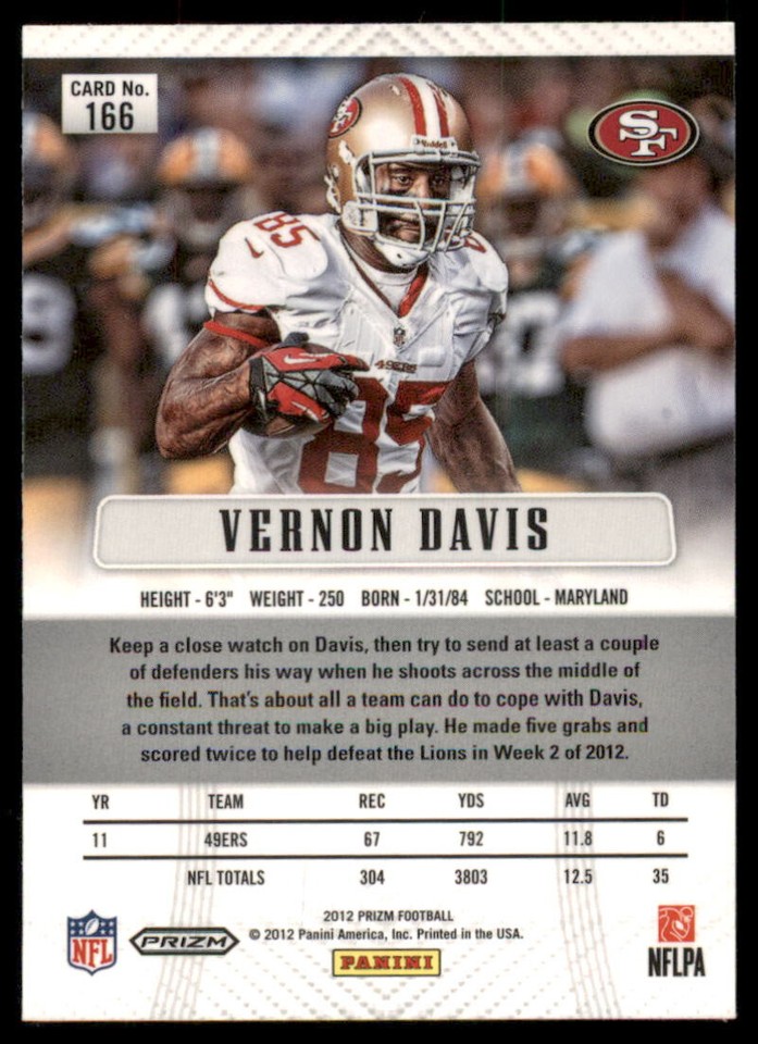 2012 Panini Prizm Vernon Davis #166 Silver Prizms 1st Year Prizm Free ...