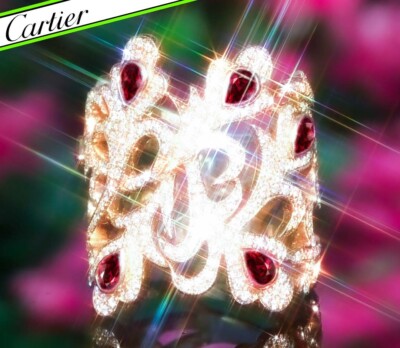 CARTIER Ruby Ring 18K Gold Ruby Diamond Cocktail Ring NO HEAT Feather ...