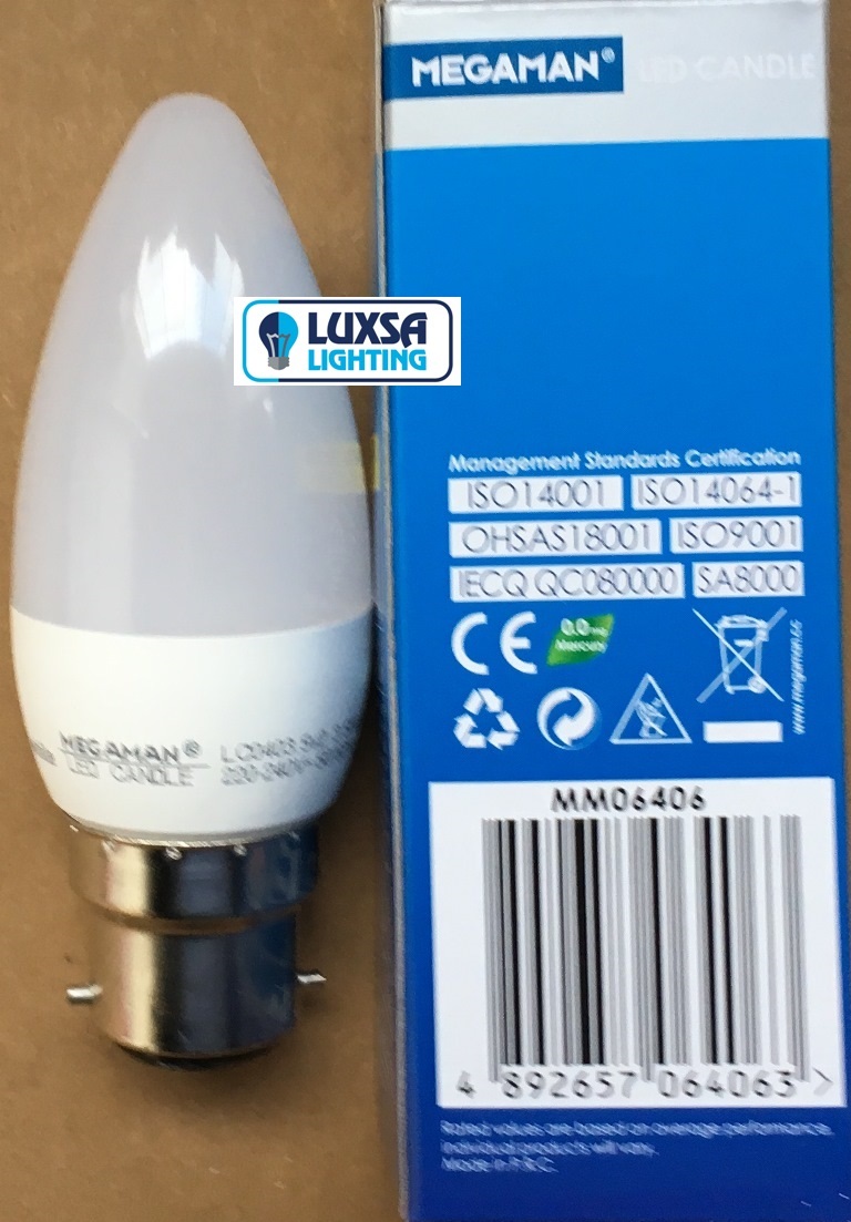 Packs of 3.5W Candle bulb MEGAMAN LED BC B22d 2800K = 25 Watt 250 lm ...