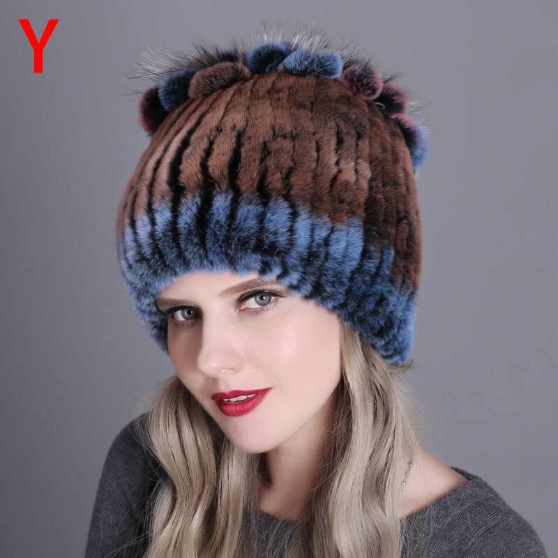 Women Winter Rex Rabbit Fur Hat Ladies Knitted Mink Fur Caps Beanie ...