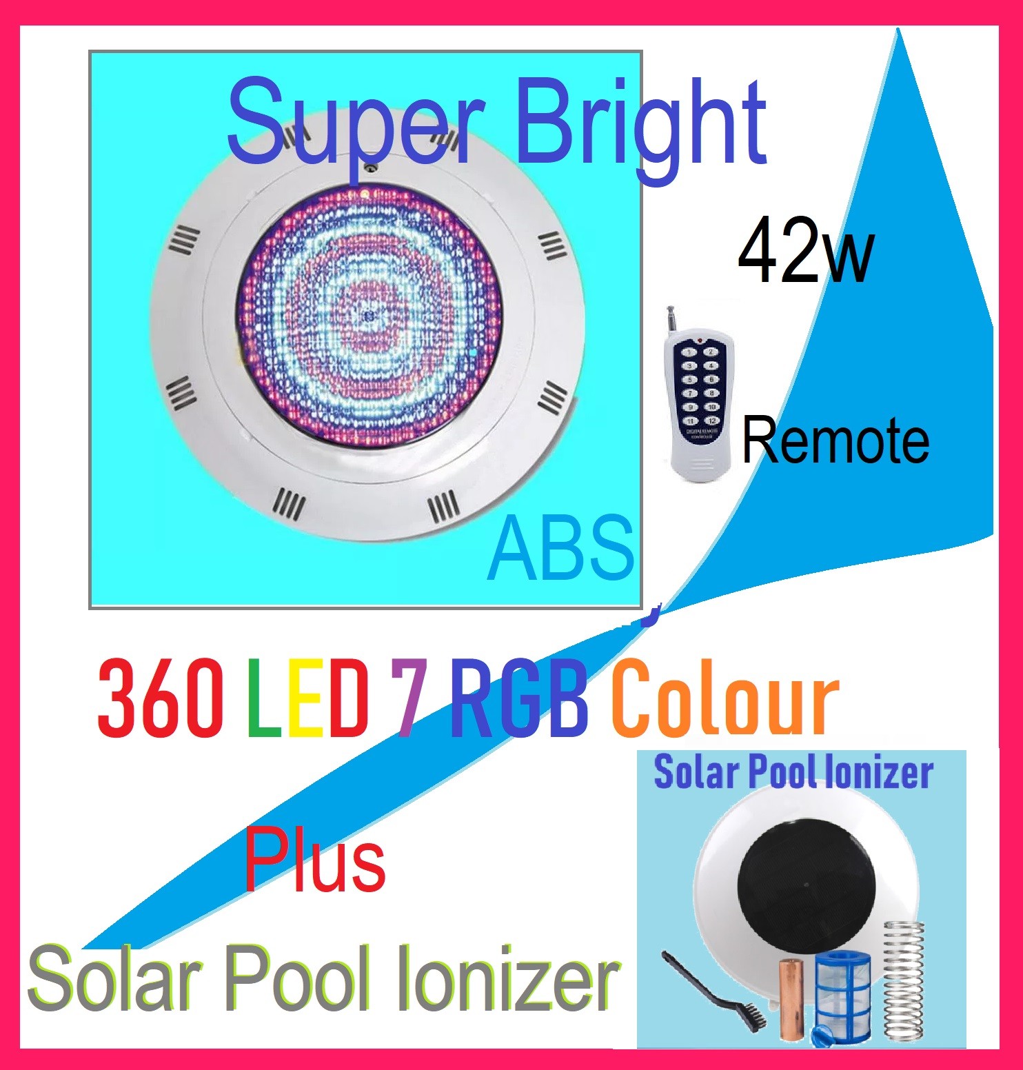 Premium PC Filled LED Swimming Pool Lights 42W RGB 7Color +Pool Ionizer ...
