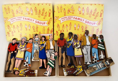 2 vintage Guidecraft wooden wedgie family group play figures in orig ...