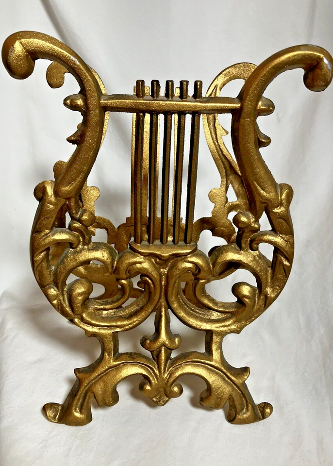 Heavy Cast Metal Lyre Harp Music Magazine Gold Tone Rack Hollywood ...