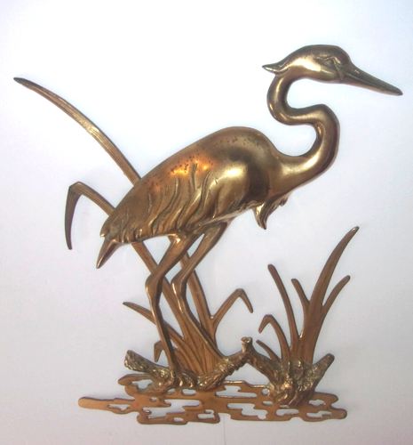 VTG LARGE 19" tall MCM REGENCY VINTAGE SOLID BRASS HERON/CRANE WALL ART ...
