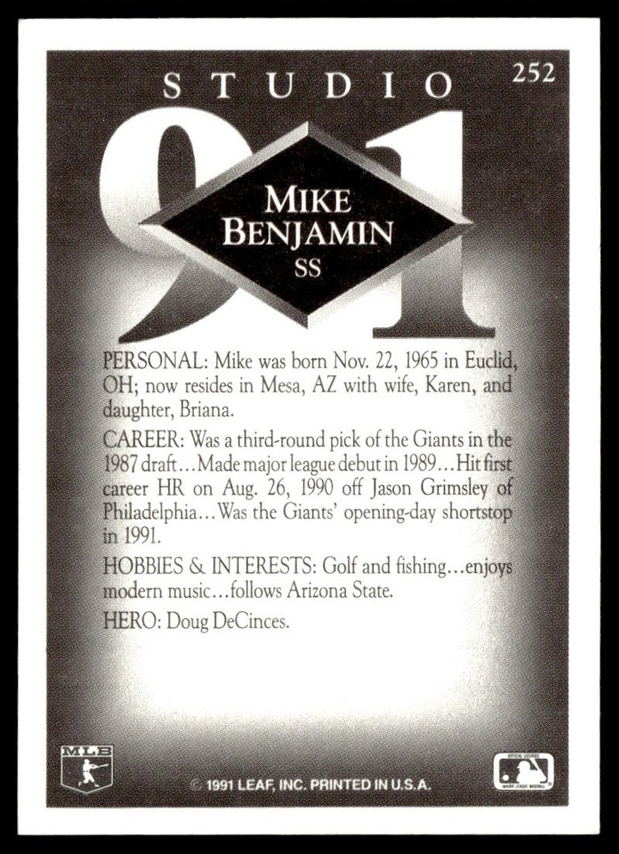 1991 Studio Mike Benjamin San Francisco Giants #252 | eBay