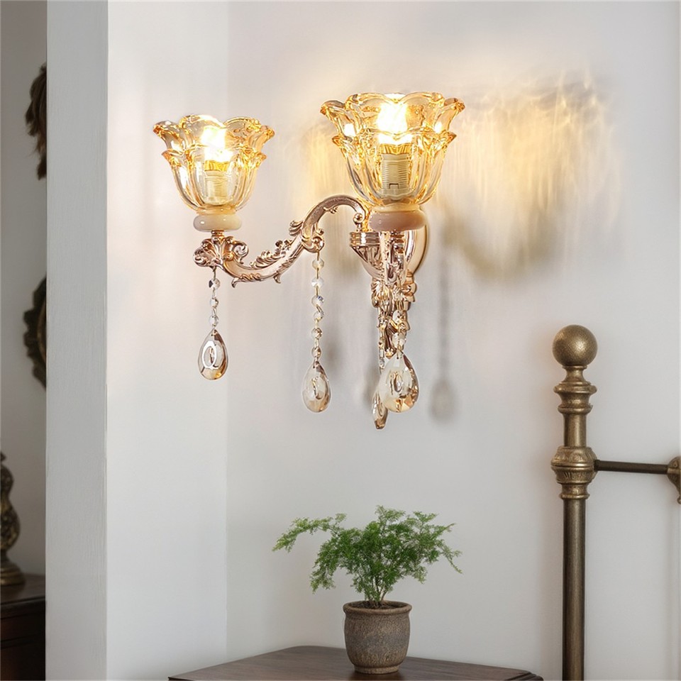 Vintage Pretty Wall Sconce Fancy Gold Brass Chandelier Crystal Glass ...