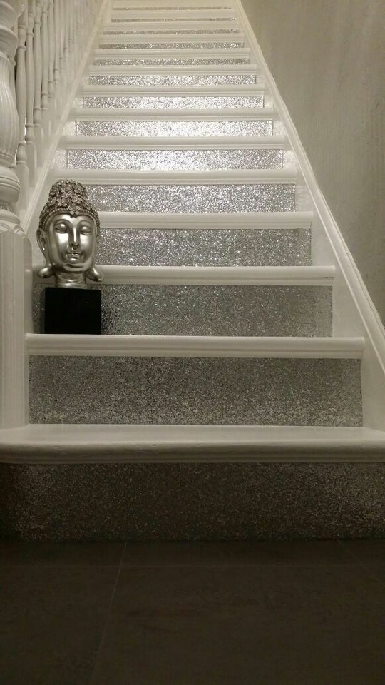 -15cm (6") Wall Paper Silver Glitter Stairs Risers Fabric Self Adhesive ...