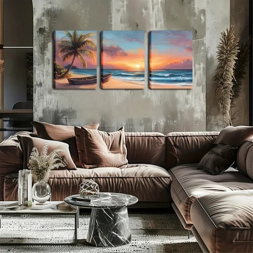 3pcs Sunshine, Beach, Small Boat, Triptych Wall Art Canvas Unframed ...