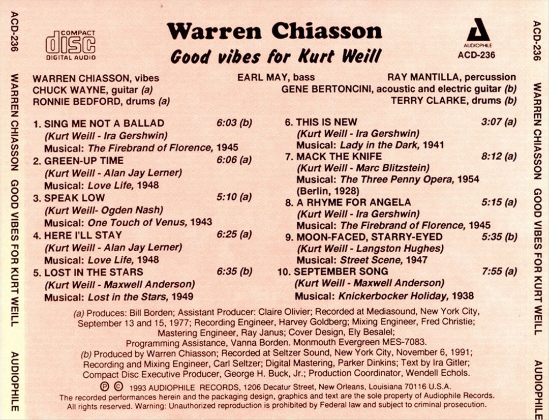 WARREN CHIASSON GOOD VIBES FOR KURT WEILL NEW CD 762247223627| eBay