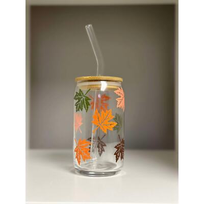 Maple Leaves Glass Can with Bamboo Lid and Glass Straw 16oz | eBay