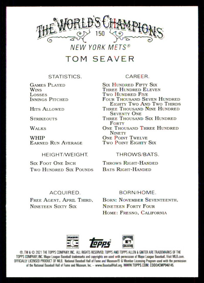 Tom Seaver 2021 Topps Allen & Ginter #150 Mets MLB READ FREE SHIP ...