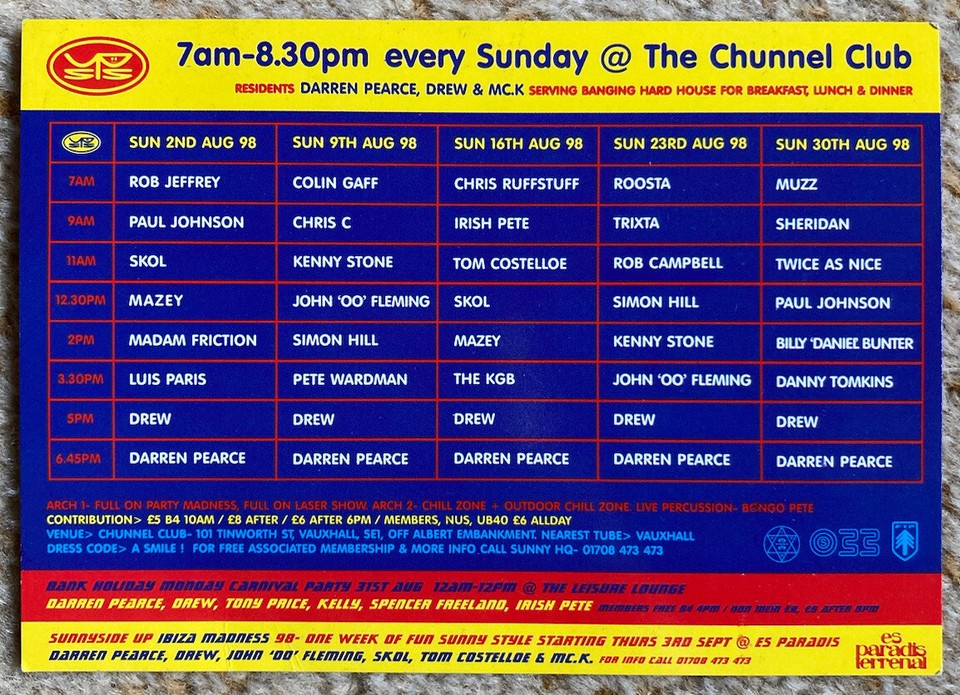 Sunnyside Up, Every Sunday, Rave Club Flyer, August 1998, Chunnel ...