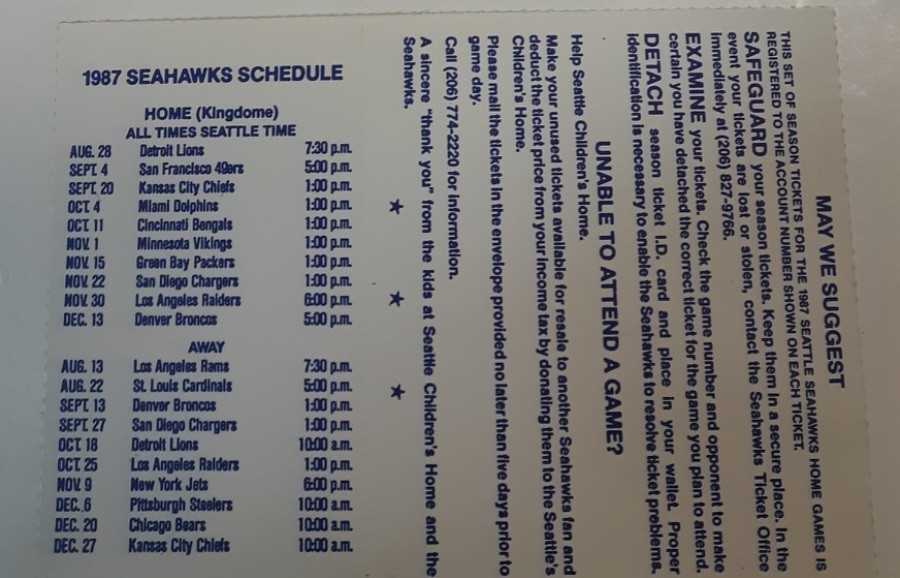 1987 Seattle Seahawks Season Ticket Holders NFL Football Schedual | eBay