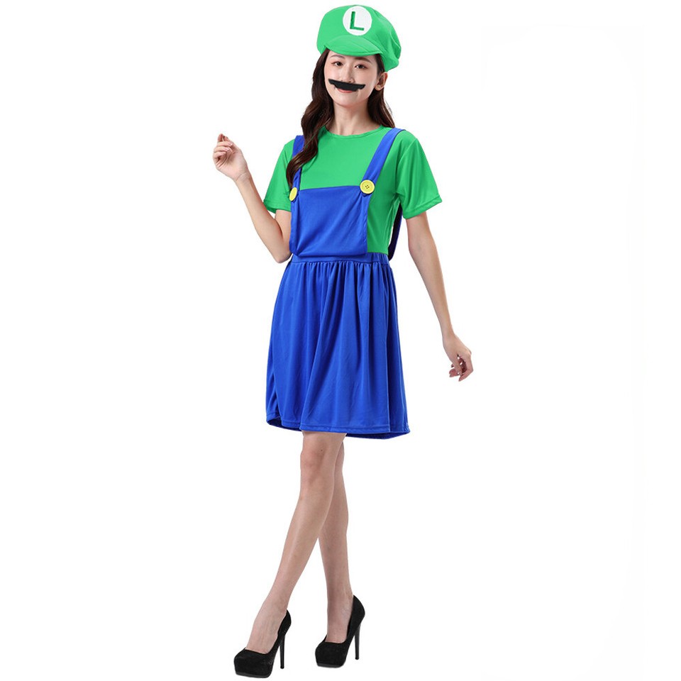 Adult Kids Luigi Green Plumber Super Mario Red Bros Fancy Dress Costume ...