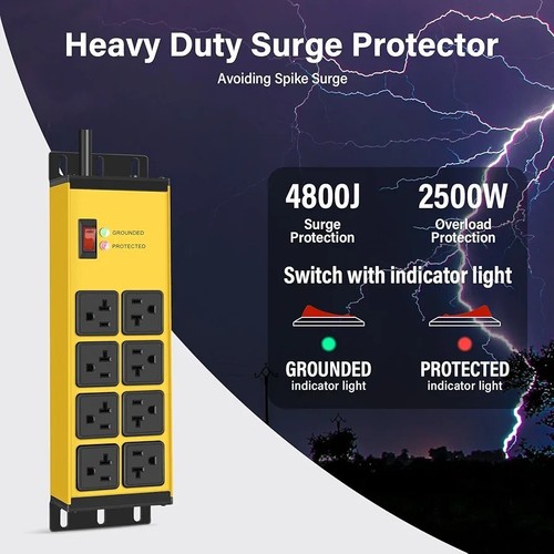 20 AMP Power Strip Surge Protector Heavy Duty 8 Outlets 12 Gauge ...