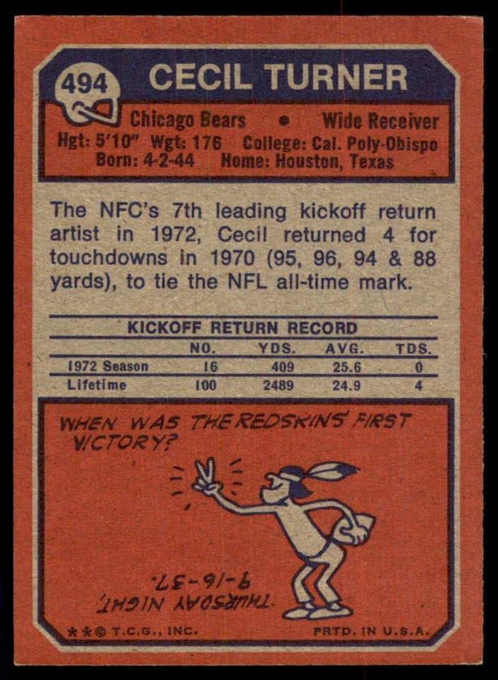 1973 Topps Cecil Turner Chicago Bears #494 | eBay