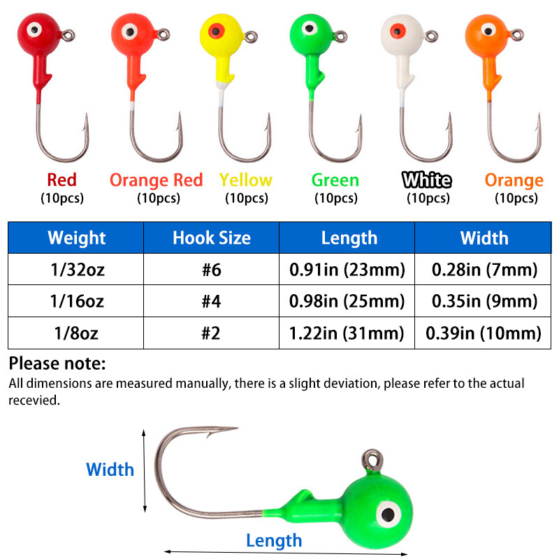 50Pcs 1/32 1/16 1/8 oz Lead Jig Head Fishing Hooks Jig Heads Lures Bait ...