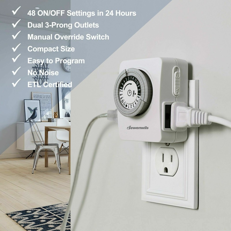 DEWENWILS 2Pcs Indoor 24-Hr Plug In Grounded Daily 2 Outlet Timer Light ...