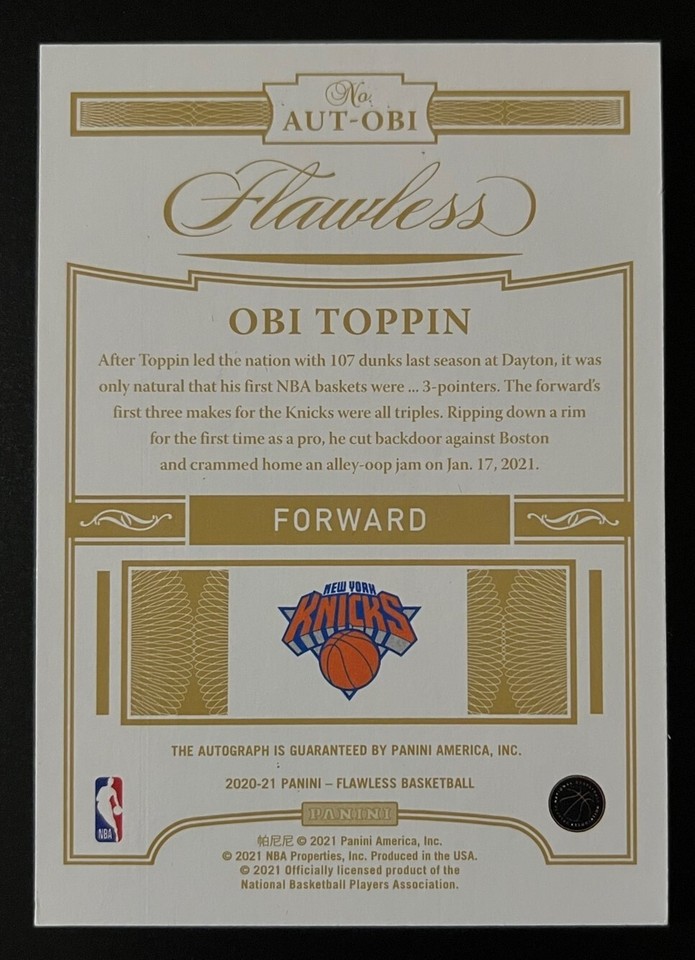 Obi Toppin 2020-21 Panini Flawless Rookie Autograph /25 New York Knicks ...