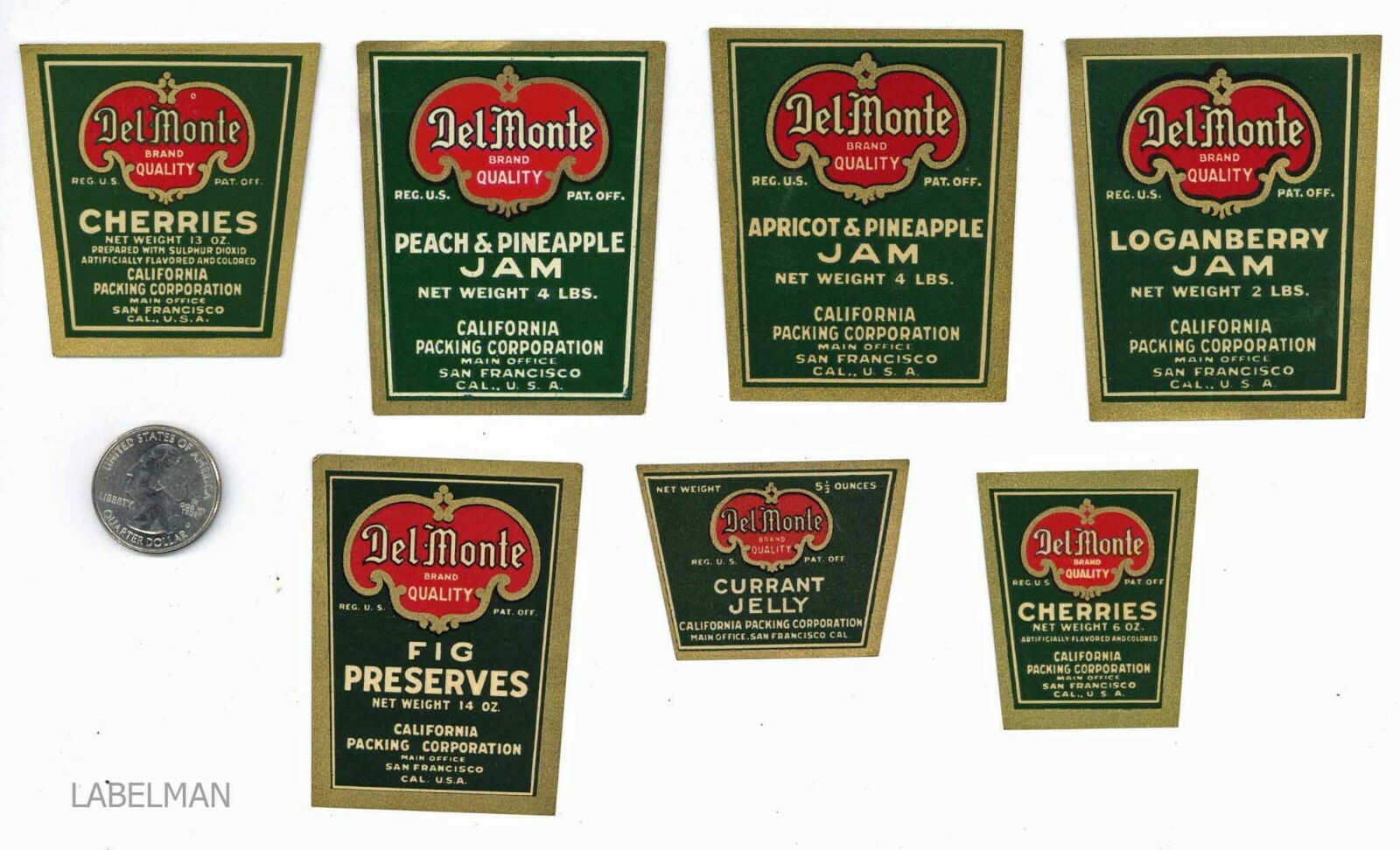 DEL MONTE Brand, 7 Different Jam or Cherry *ORIGINAL 1930's BOTTLE ...