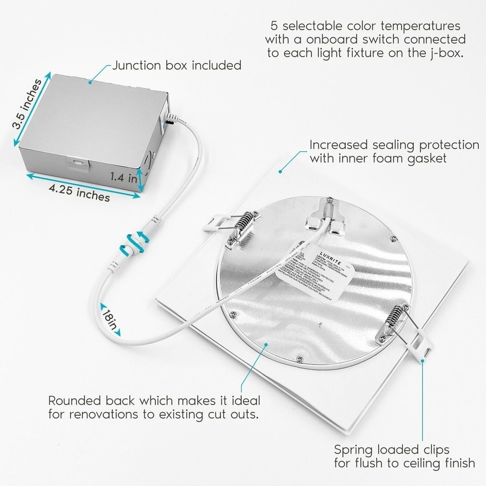 Luxrite 6 Inch Slim Square LED Downlight 5 Color Options 2700K-5000K ...