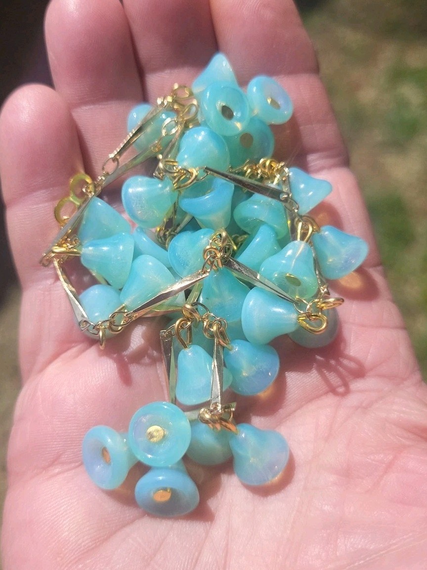 VINTAGE 50'S GERMANY BELL SHAPED OPAL AQUA GLASS BEAD… - Gem