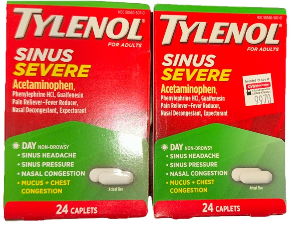 2 Pack TYLENOL Sinus Severe Daytime Pain Reliever Caplets 24 Count X2 ...