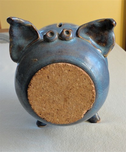 Mint Signed Folk Art CP Pottery Stoneware Blue Pig Cork Snout Coin Bank ...