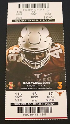 Texas Longhorns v. Iowa State Football Ticket Stub 10/15 2016 | eBay