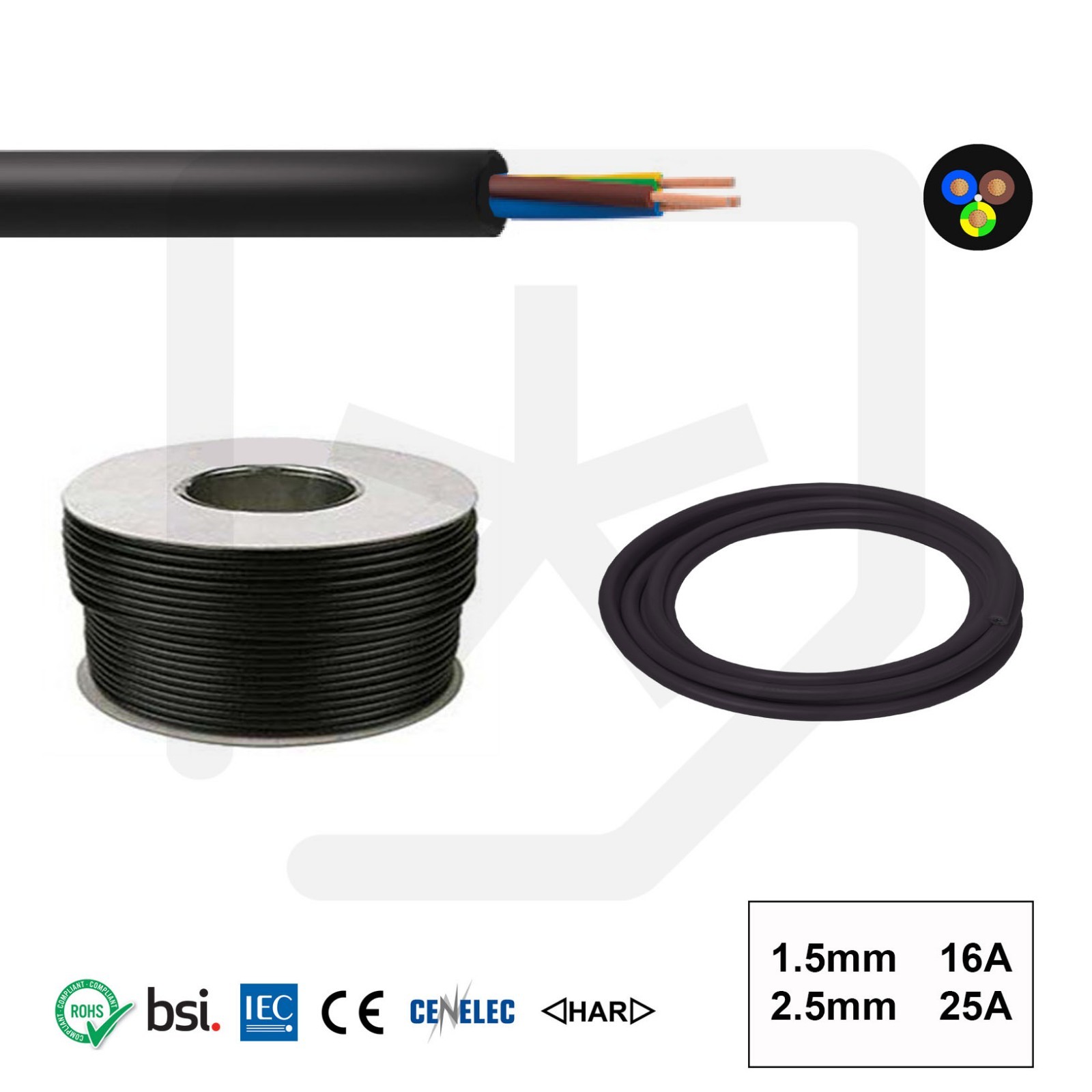 Rubber Cable 3 core HO7RN-F Heavy Duty Camping Boat Exterior Event ...