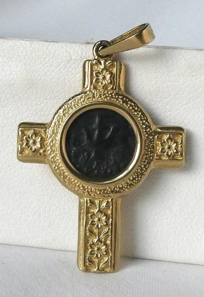 14k Gold Ancient Greek Coin Poseidon Trident Cross Pe… - Gem