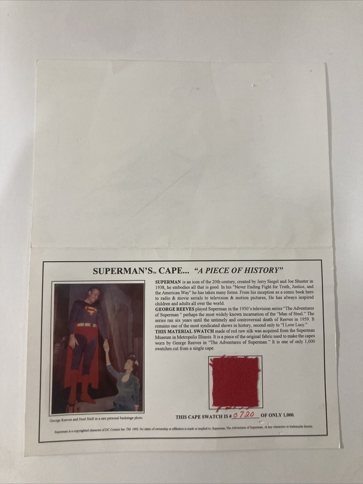 FX Show Con SUPERMAN CAPE SWATCH piece prop George Reeves #720/1000 | eBay