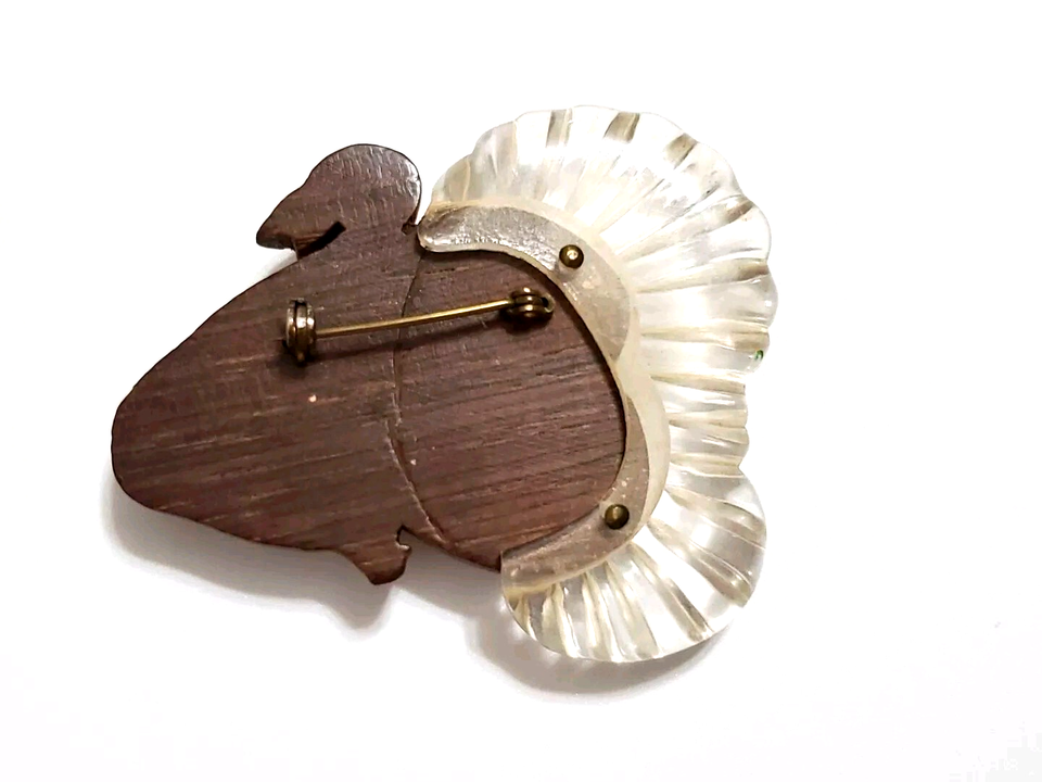 VINTAGE CARVED LUCITE WOOD PAINTED THANKSGIVING TURKEY FIGURAL PIN ...
