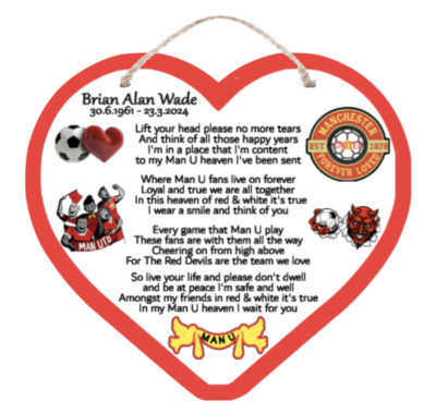 MANCHESTER UNITED MEMORIAL POEM HEART SHAPE METAL SIGN PLAQUE ...