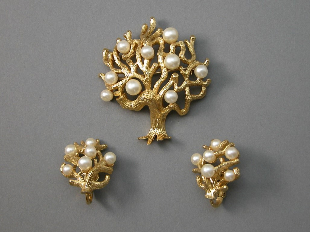 Crown Trifari Demi-Parure Tree of Life Pearls Brooch … - Gem