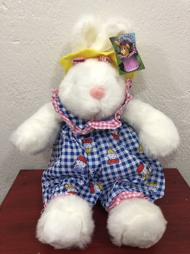 Vintage Toy Works White Bunny Rabbit Gingham Overalls Bonnet Easter ...