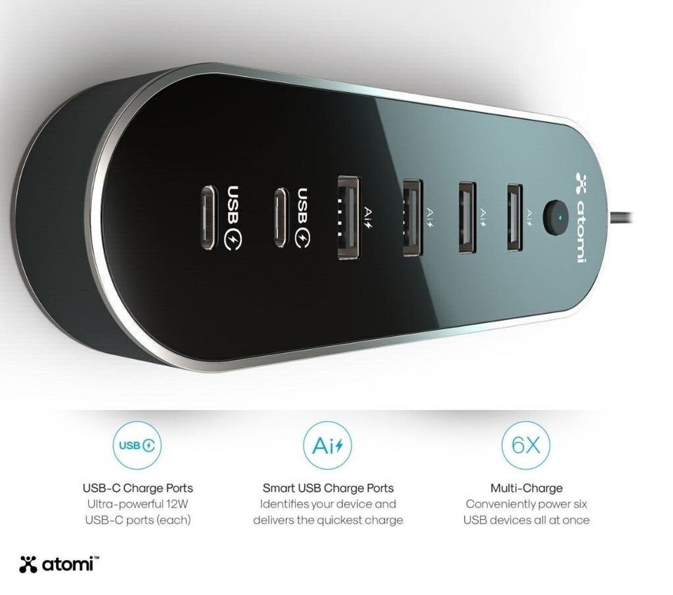 Atomi 40W Multi-Port Car Charger 2 USB-C Ports + 4 Smart USB Ports ...