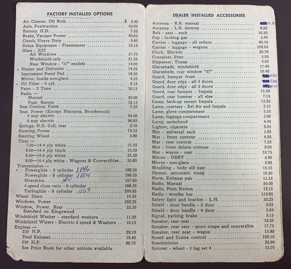 Vintage Dealer / Salesman New Car Price List. Humphrey Chevrolet ...