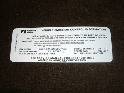 1971 AMC JAVELIN AMX HORNET 304 EMISSIONS DECAL AUTOMAT | eBay