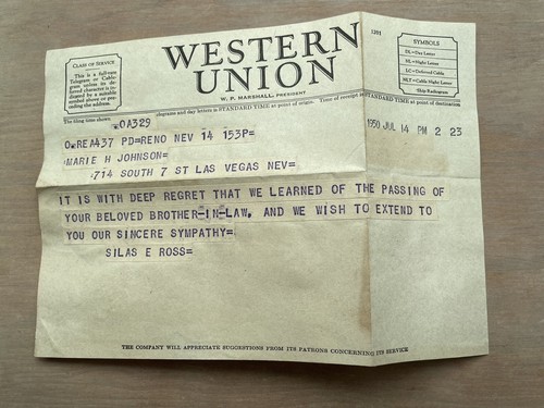 1950 Western Union Telegram (#2) Of Brother In Law Passing Away Reno ...