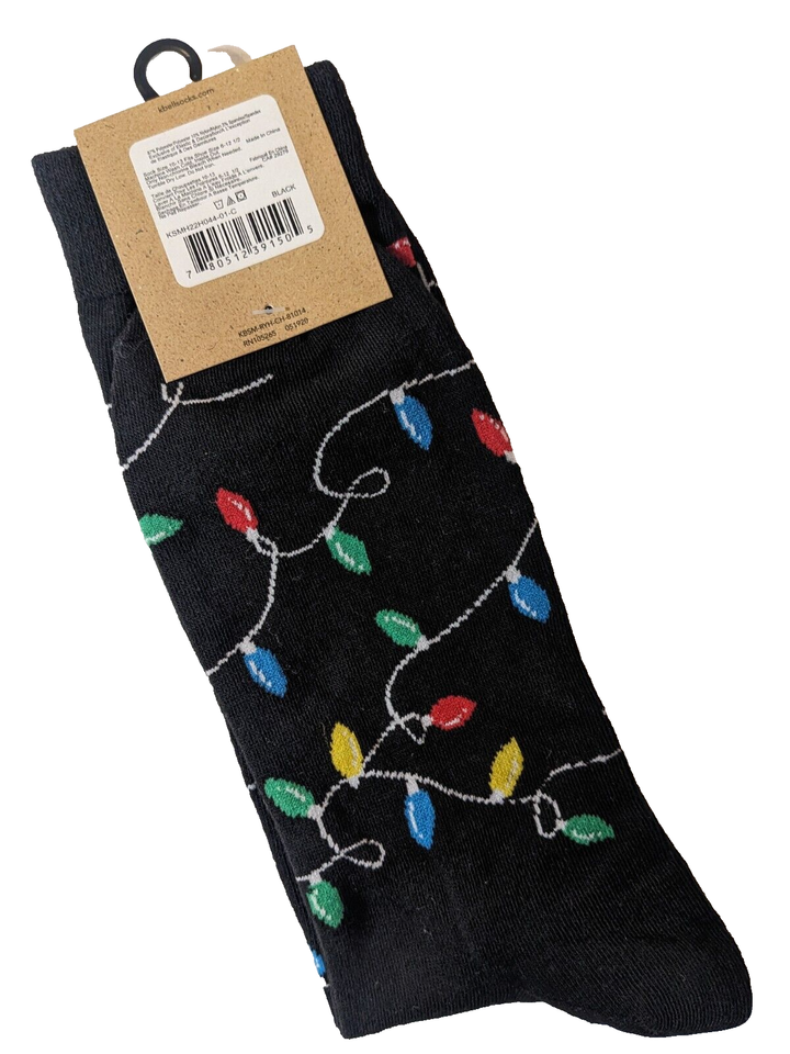 NEW ~ K. Bell ~ Men's 1 Pair Crew Socks "Christmas Lights" ~ Black ~ 10 ...