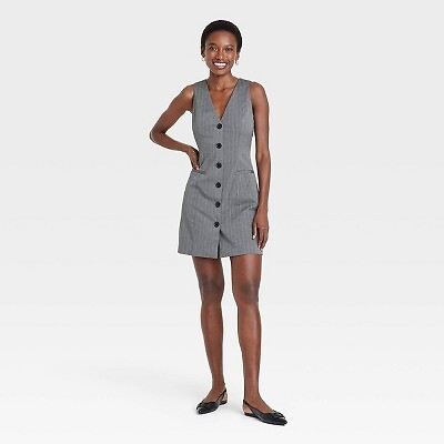 Women's Tailored Mini Vest Dress - A New Day Gray Pinstripe L