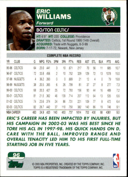2003-04 Topps Boston Celtics Basketball Card #96 Eric Williams | eBay