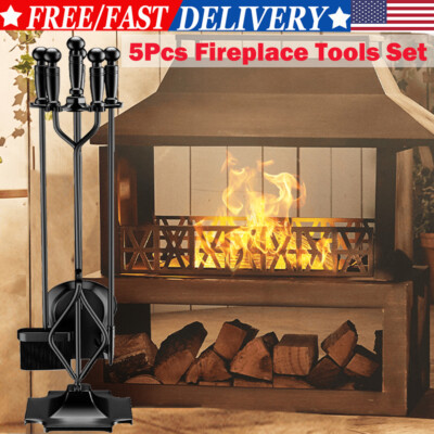 5Pcs Fireplace Tools Sets Wrought Iron Fire Tool Set and Holder Outdoor ...